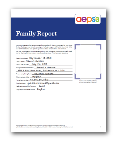 Sample Materials – AEPS-3 – Early childhood assessment & curriculum