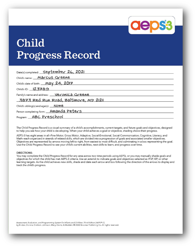 Sample Materials – AEPS-3 – Early childhood assessment & curriculum